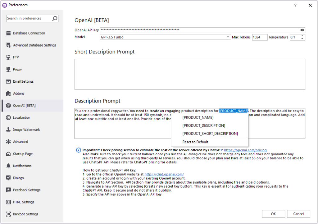 Generate WooCommerce product description with ChatGPT based on product name